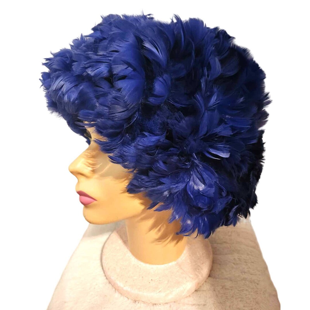 Vintage 1950s 1960s Blue Vibrant Full Feather Hat Front & Back - Etsy