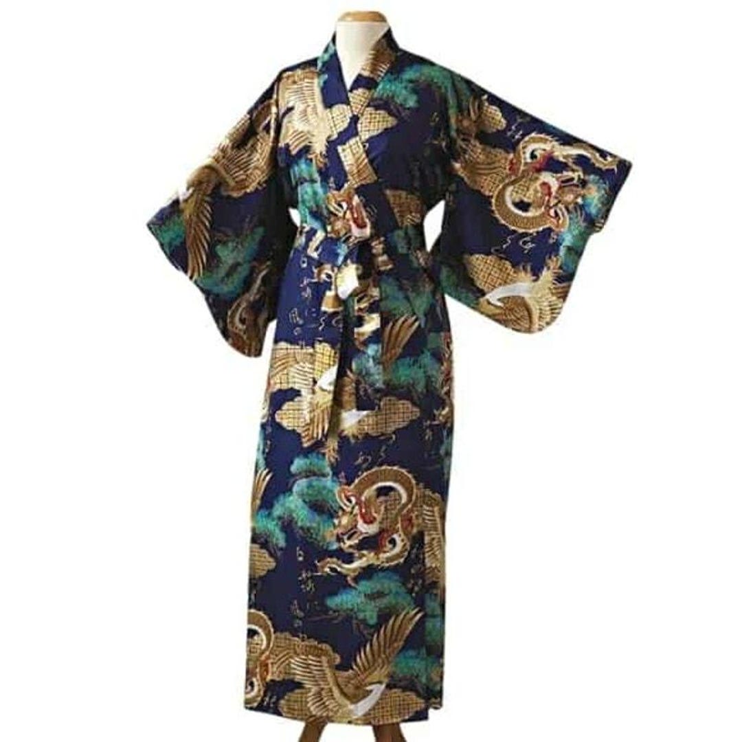 Vintage SMITHSONIAN Blue Japanese Kimono Robe Belt Dragon Crane Print ...