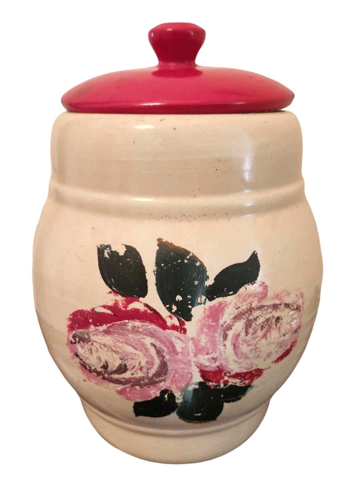 Vintage 1950s Heavy Cream Crock W/ Rose Flowers on Front Red Lid 10 H ...