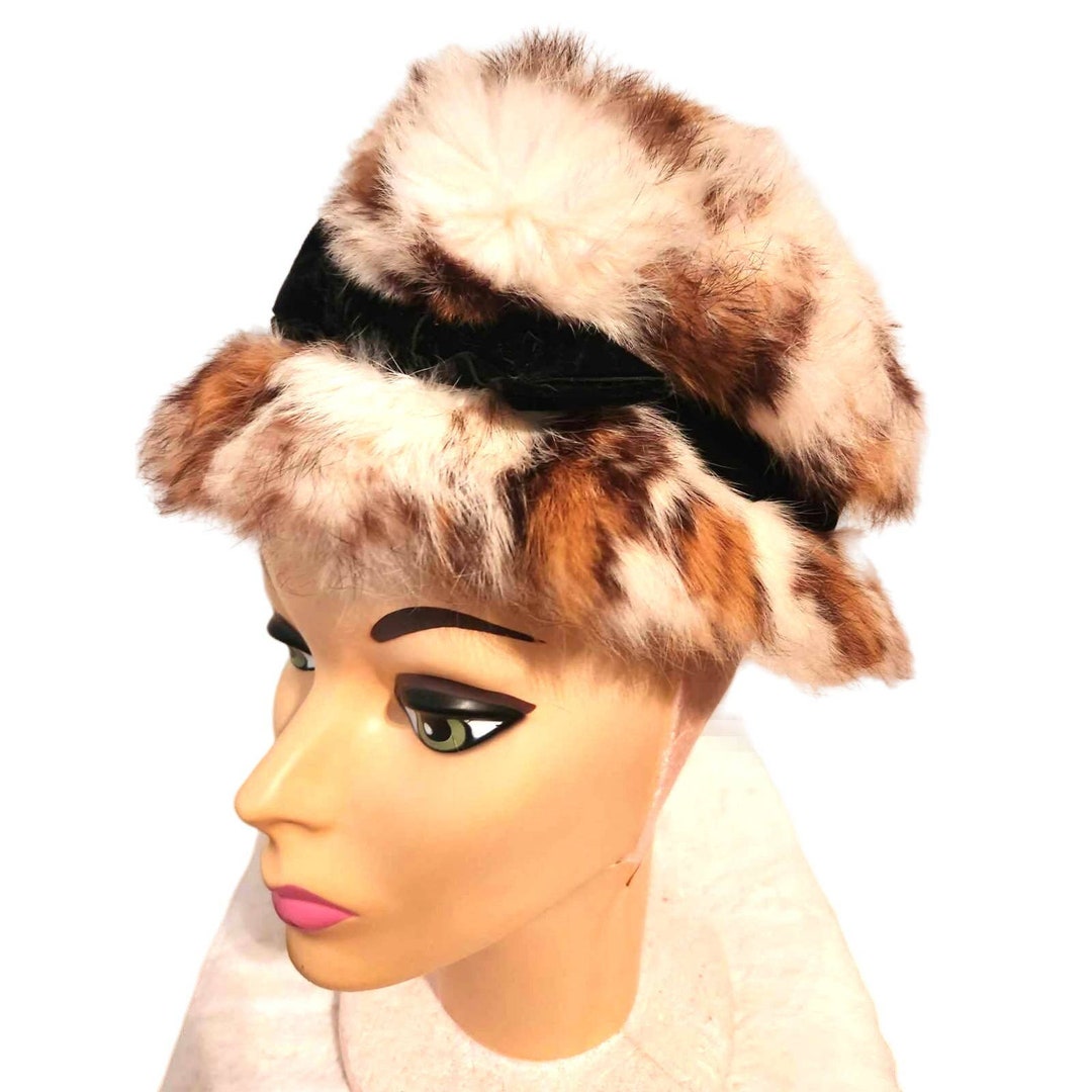 Vintage 1950s 1960s Leopard Print Rabbit Fur Hat W/black - Etsy