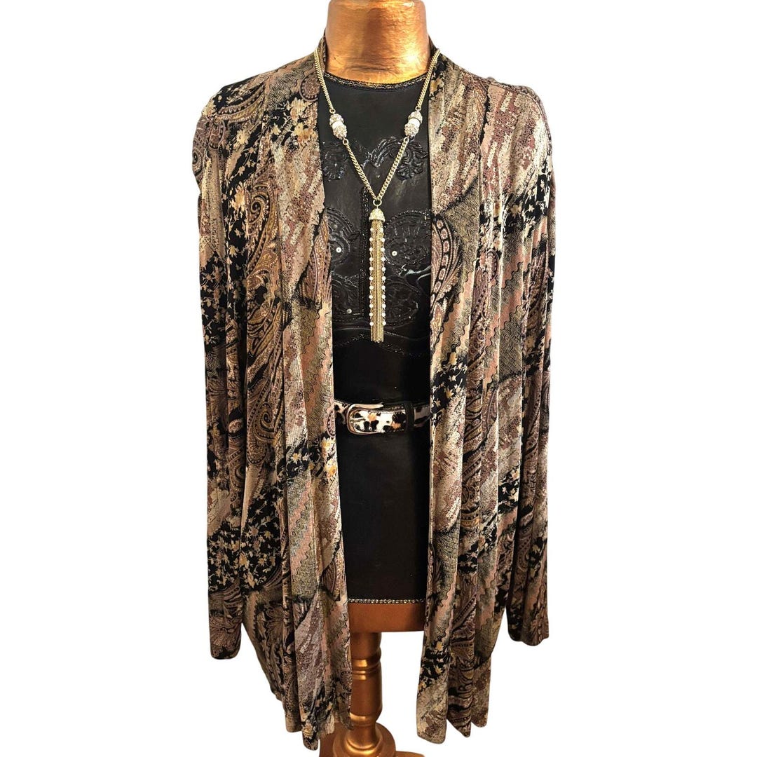 Vintage Vikki Vi Mid Length Longer Stretchy Black Tan Paisley Open ...