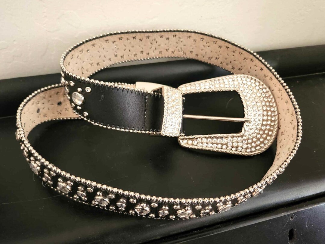 Vtg Christine Alexander Black Leather Silver Belt Swarovski Bling Huge ...