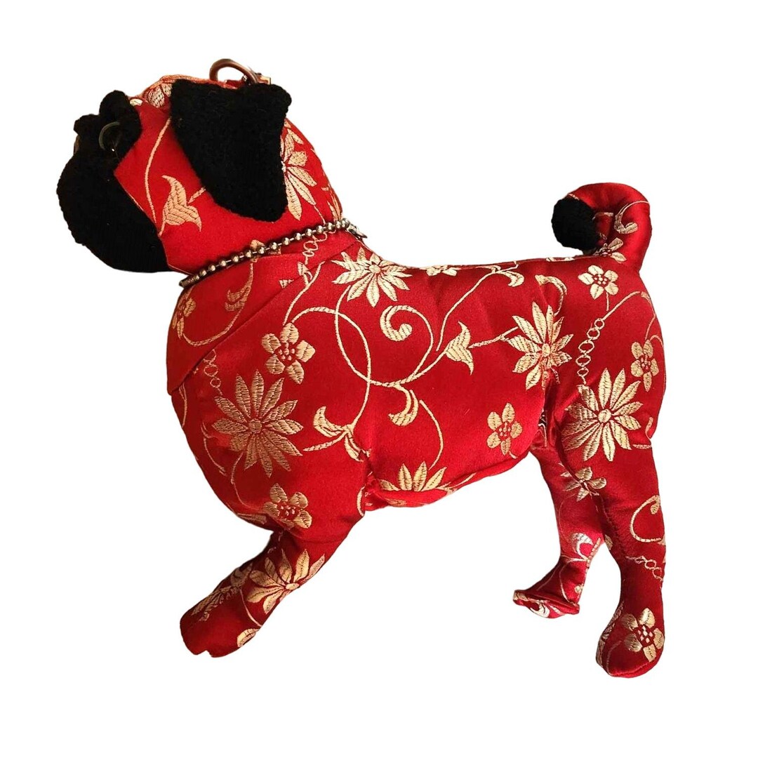Vtg FUZZYNATION Limited Edition Satin Geisha Red Black Floral Pug Dog ...
