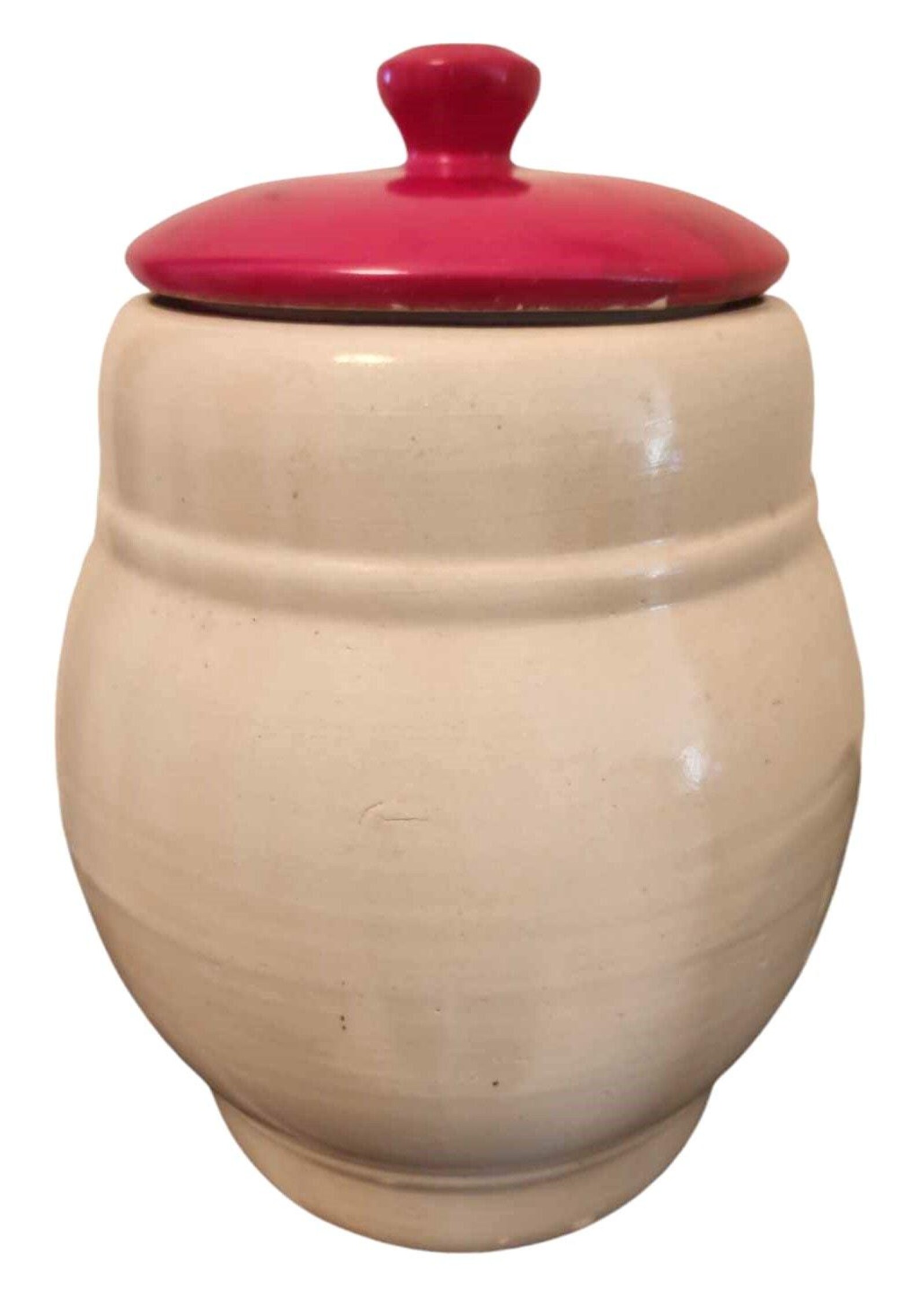 Vintage 1950s Heavy Cream Crock W/ Rose Flowers on Front Red Lid 10 H ...