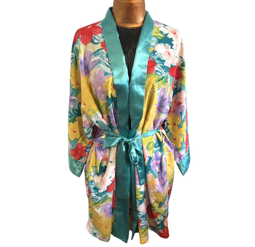 Vintage Victoria's Secret Satin Multi-color Floral Short Robe W/tie One ...