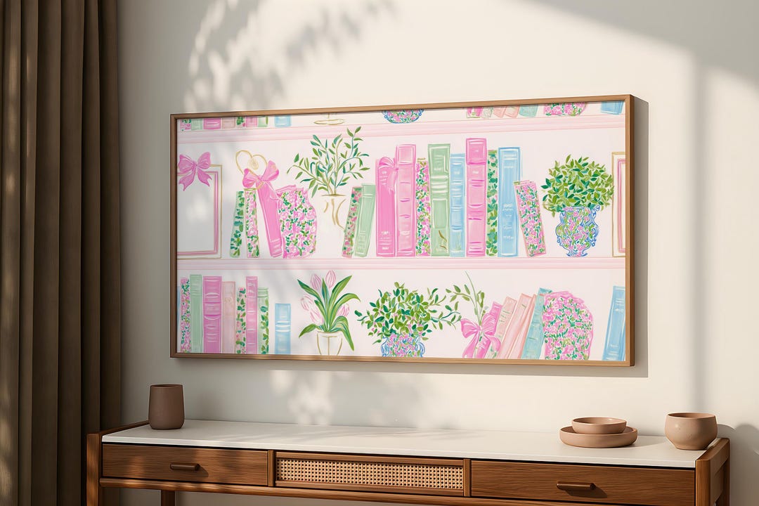 Horizontal Bookshelf Wall Art for Coquette & Maximalist Decor | Pastel ...