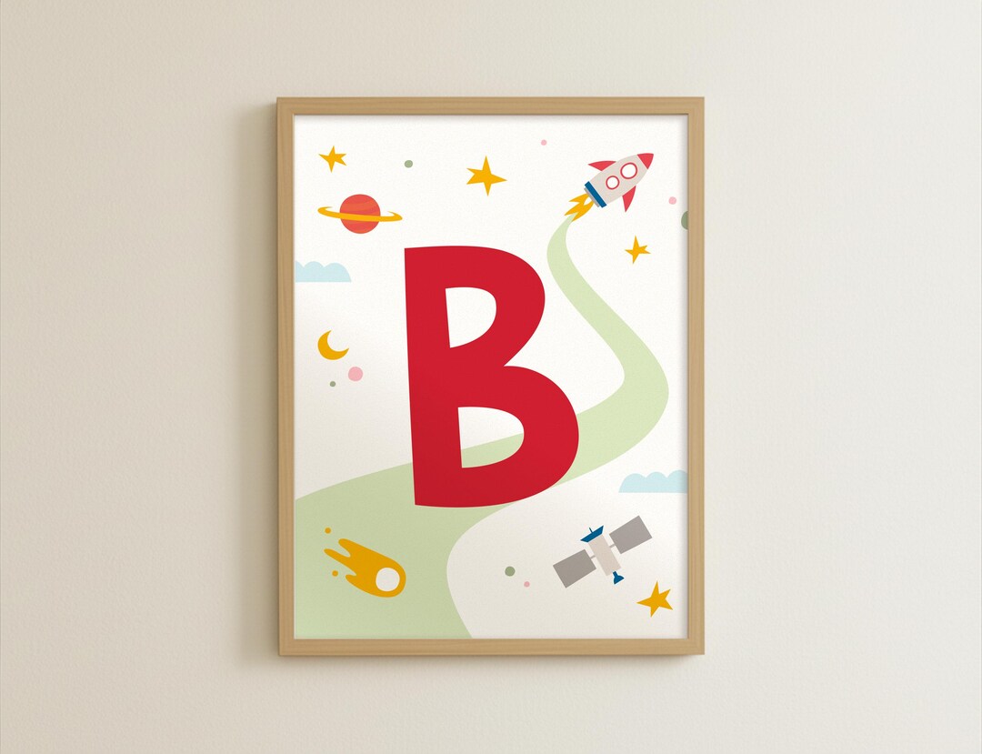 Red Letter B Space Theme Poster — Cute Alphabet Print With Rocket ...