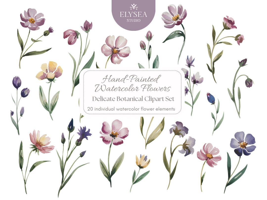 Watercolor Flower Clipart PNG Set – 20 Hand-painted Botanical Elements ...
