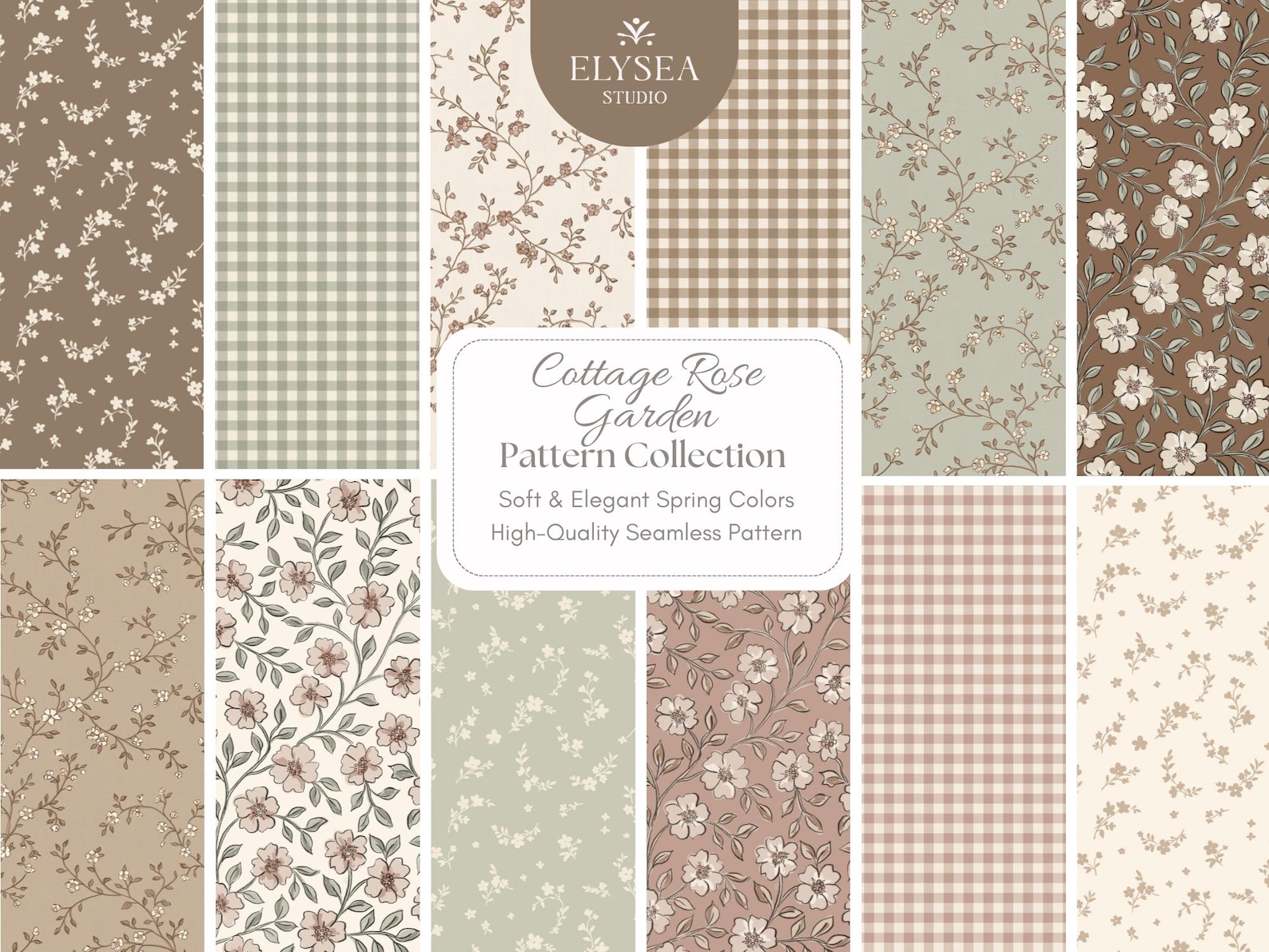 Neutral Cottage Floral Seamless Patterns – Vintage Gingham & Soft ...