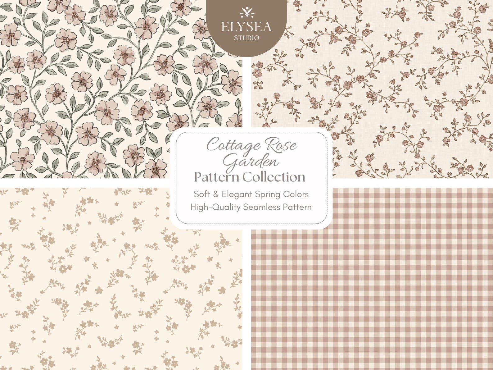 Neutral Cottage Floral Seamless Patterns – Vintage Gingham & Soft ...