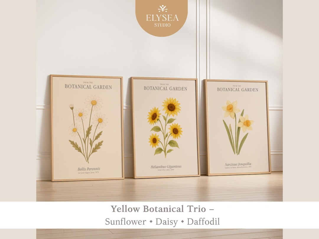 Yellow Botanical Wall Art Set of 3 • Sunflower, Daisy & Daffodil Prints ...