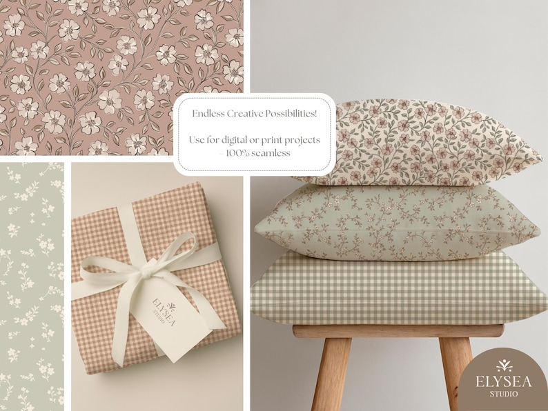 Neutral Cottage Floral Seamless Patterns – Vintage Gingham & Soft ...
