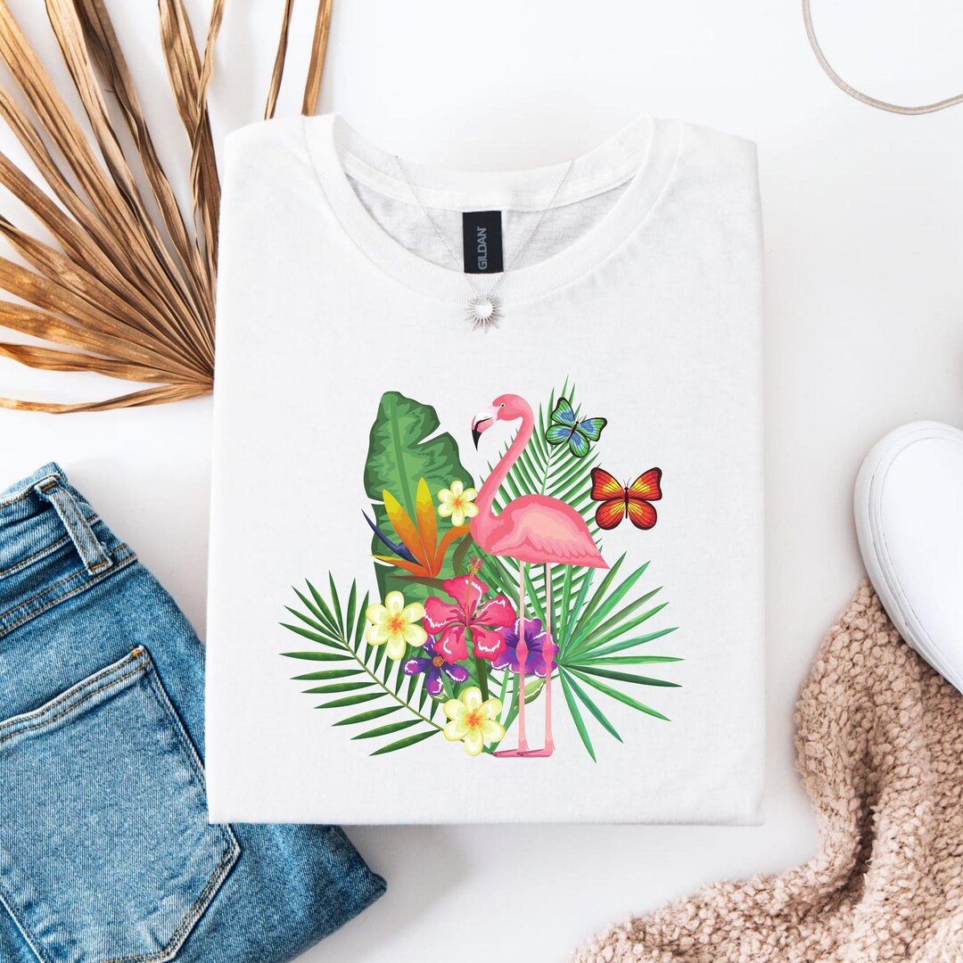 Flamingo Tropical Shirt Gildan®, Summer Beach Floral T-shirt, Colorful ...