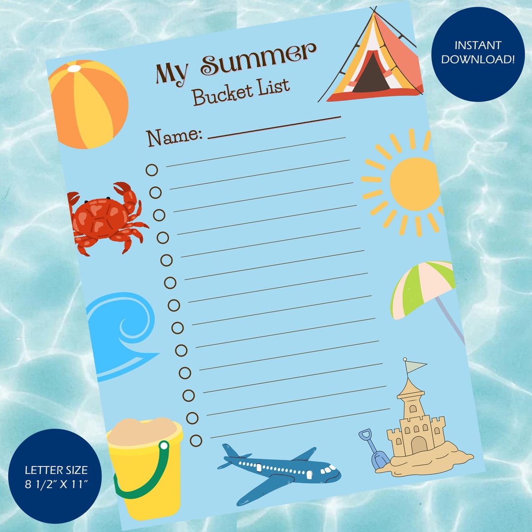 Summer Bucket to Do List Checklist Printable Template - Digital ...
