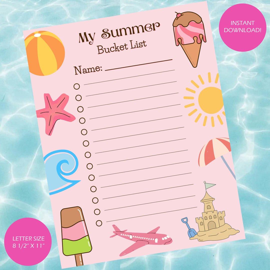 Summer Bucket to Do List Checklist Printable Template - Digital ...