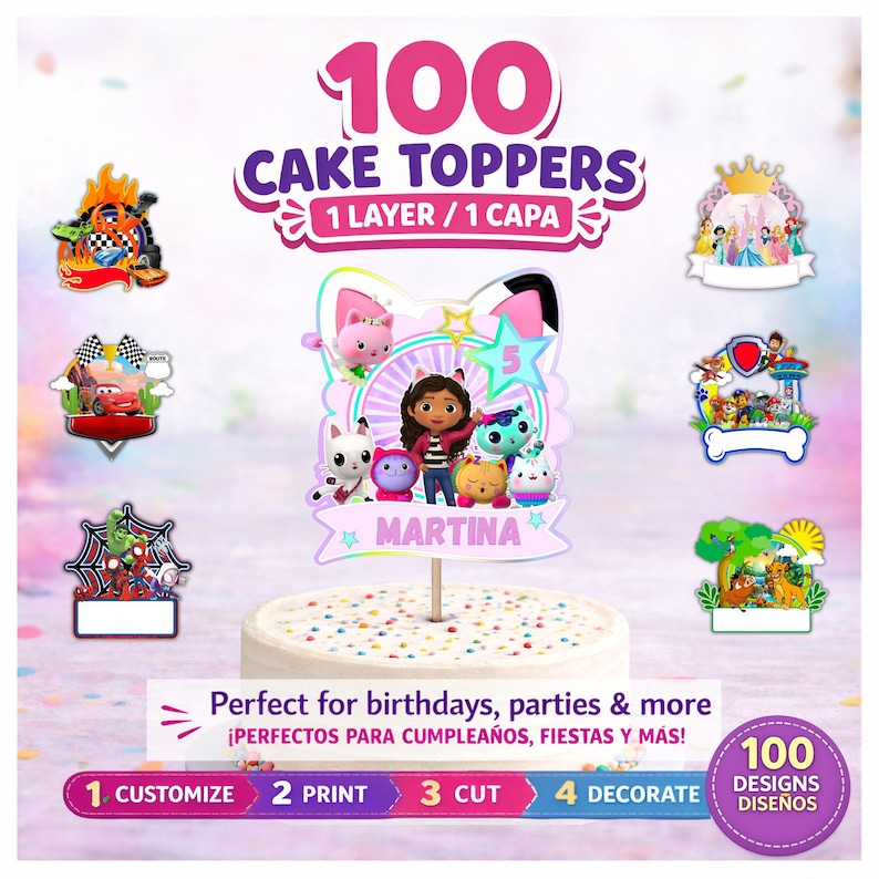 100 Cake Toppers 1 Layer | Editable PNG | Easy DIY Cake Decoration ...