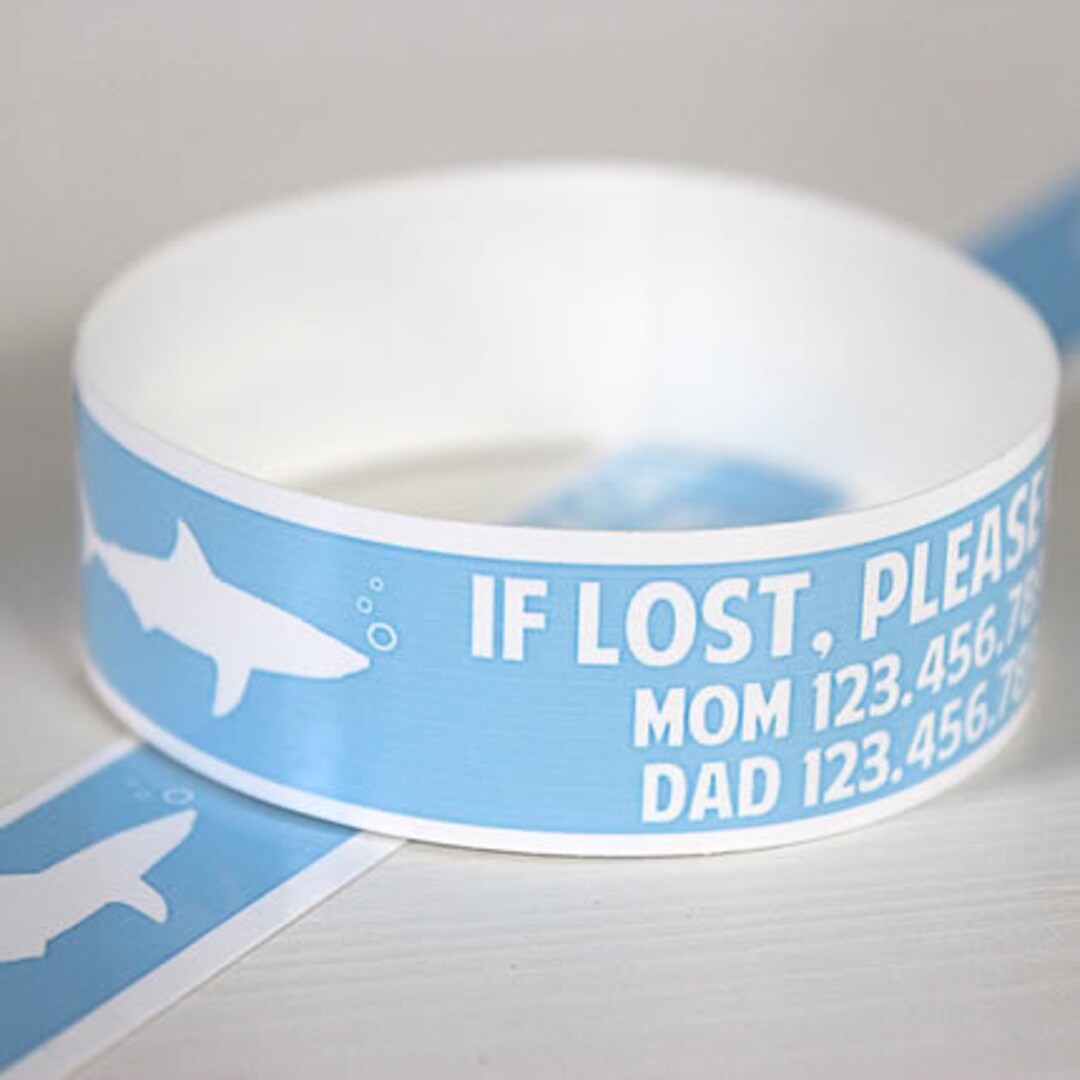 Kids ID Bands - Custom Vinyl Shark Bracelets - Personalized Travel ...