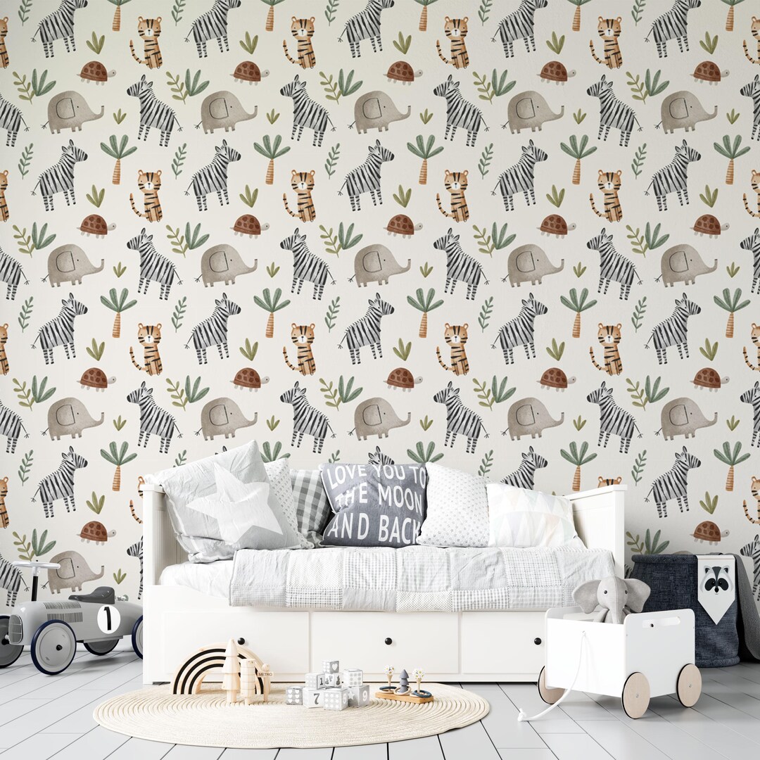 Safari Animal Wallpaper – Jungle Nursery Wall Mural for Kids Room Decor ...