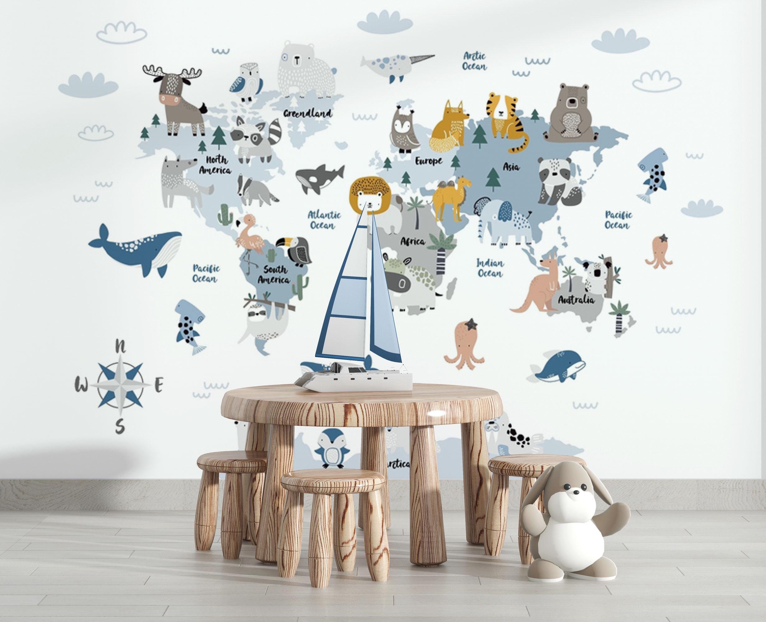 Animal World Map Wallpaper: Nursery Geography Decor - Etsy