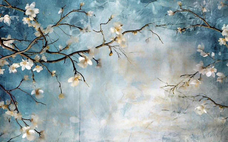 Magnolia Blossom Wallpaper – Blue Floral Wall Mural, Elegant Botanical ...