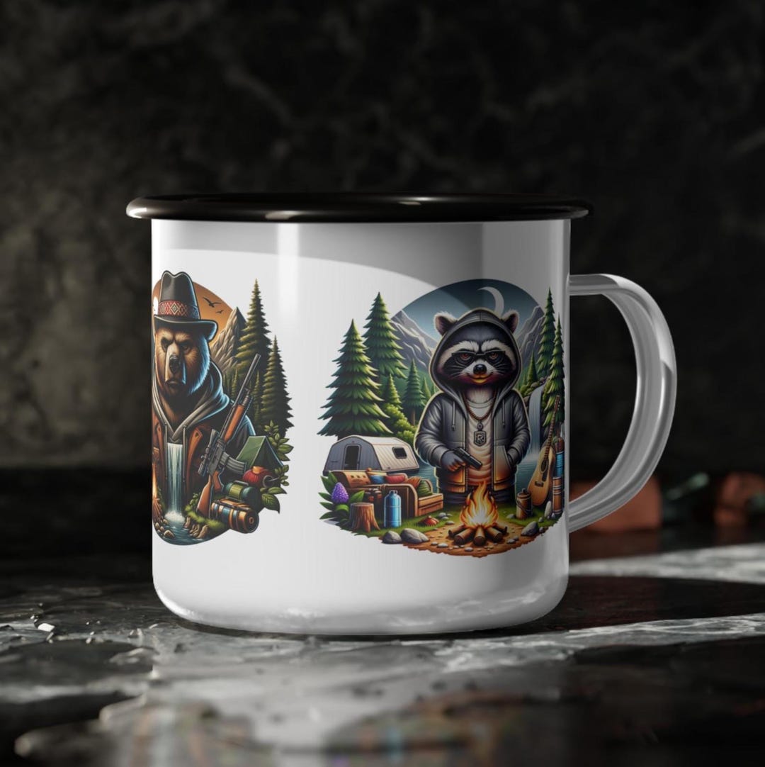 Enamel Camp Cup - Gangster Bear and Raccoon Camping Mug, Wildlife ...
