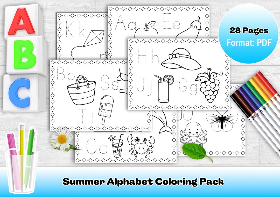 Summer Alphabet Coloring Pages for Kids | ABC Coloring Book | Printable ...