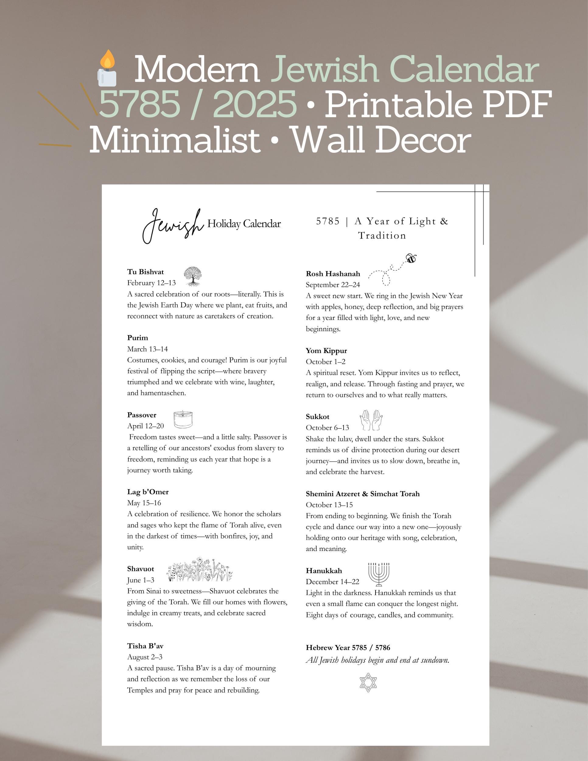 New Jewish Calendar 2025 / 5785 & 5786 Holiday Planner PDF | Hebrew ...