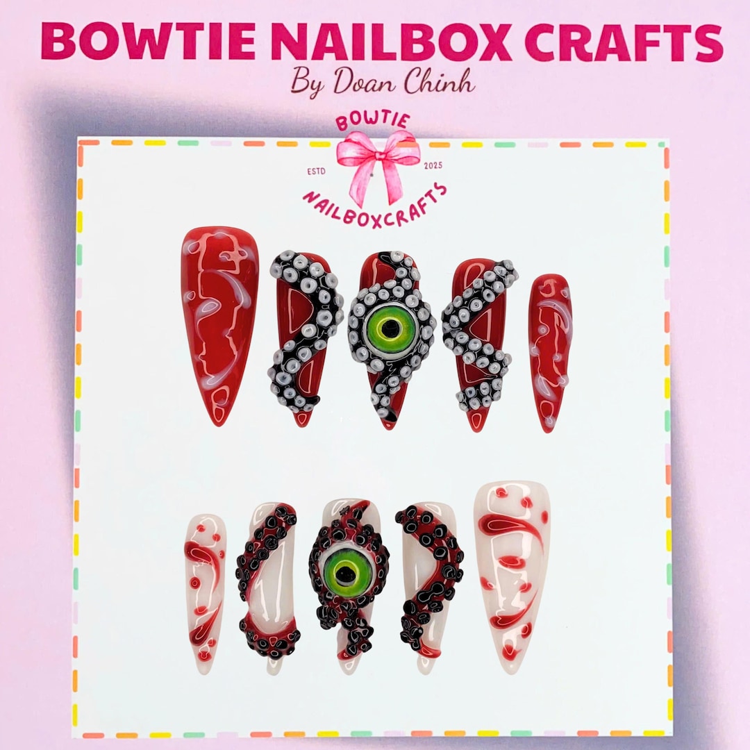 3D Octopus Eye, Press on Nails, Gothic Stiletto Silver, Cross Halloween ...