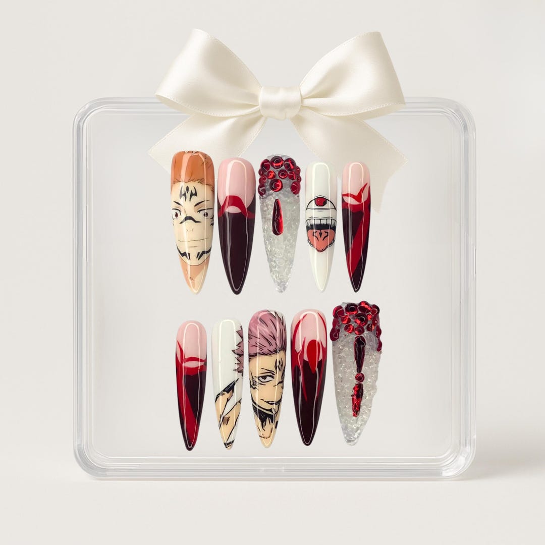 Sukuna-inspired Press on Nails, Jujut.su Kai.sen, Handmade Anime Nails ...