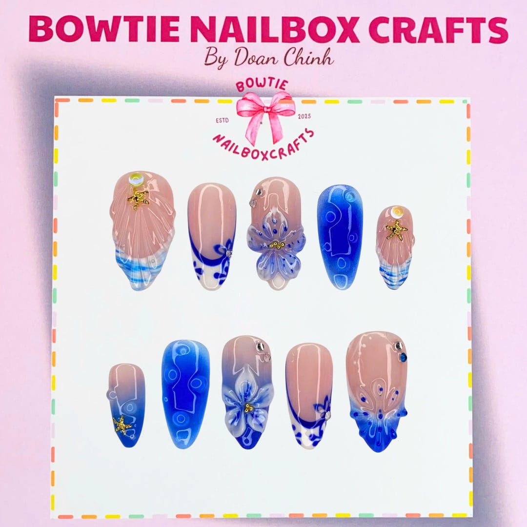 Handmade Blue, Lagoon Press on Nails: 3D Floral Shell Art, Basic Ocean ...