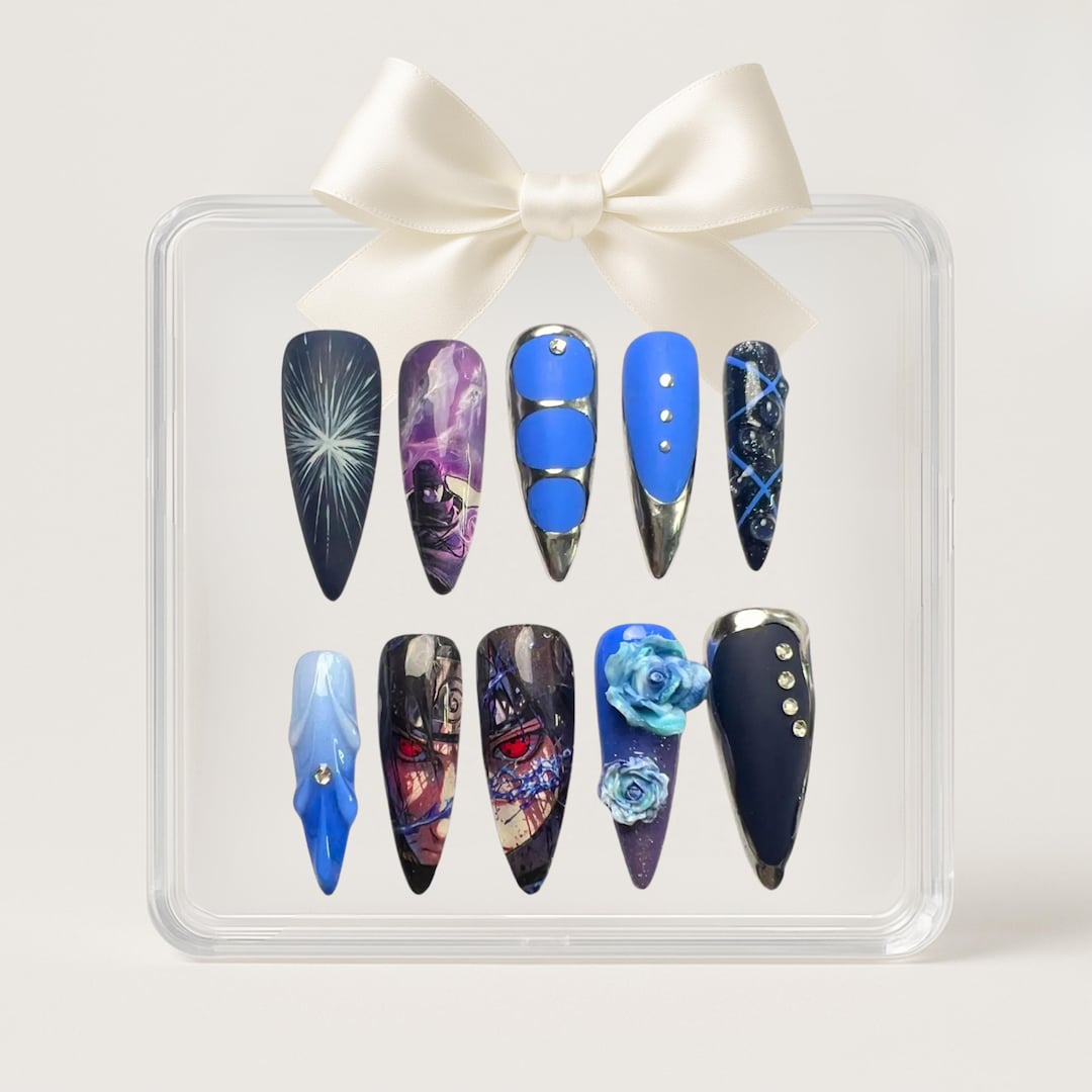 Main Blue Ninja Press on Nails | Red–blue Anime Gel Set | Dark Vs Light ...