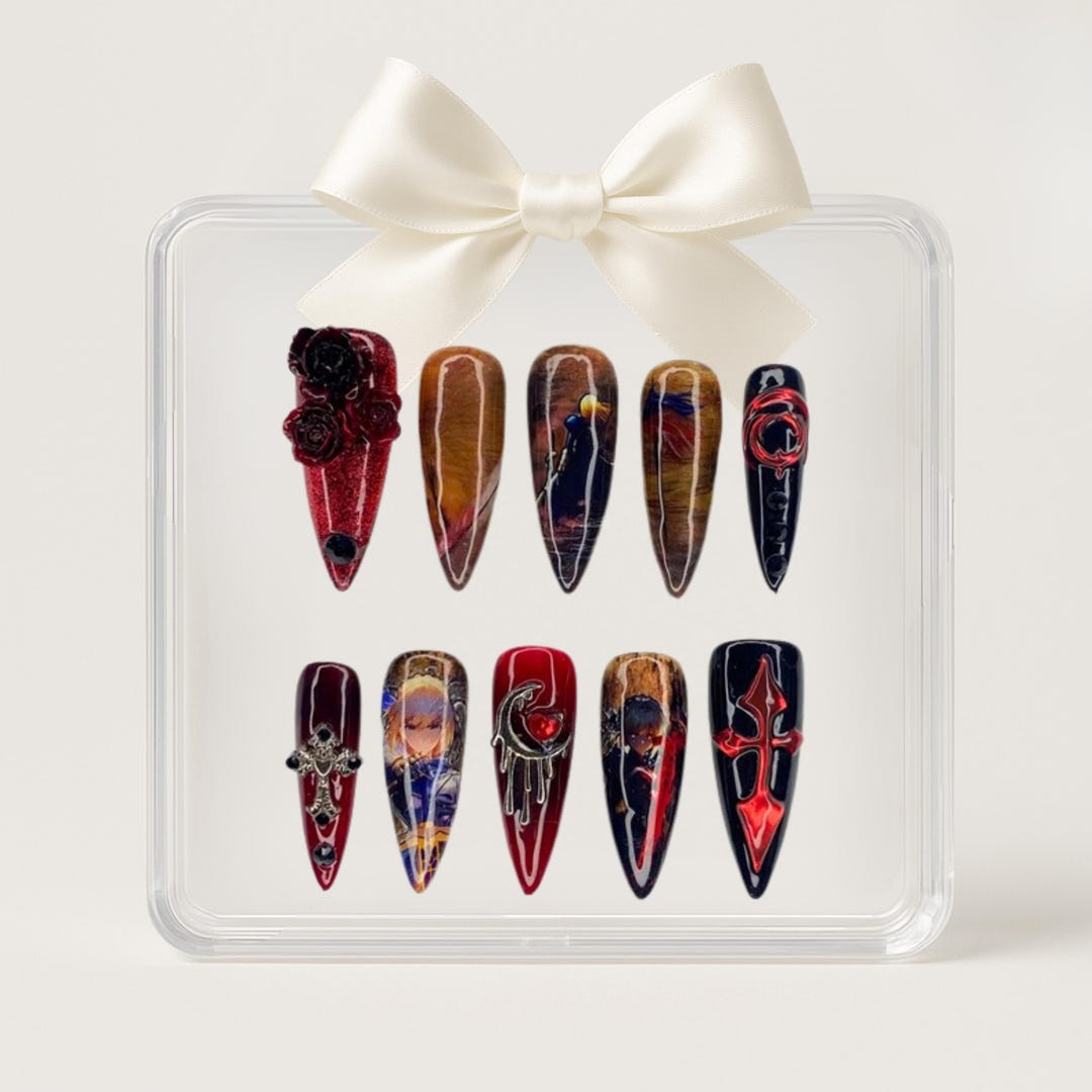 Saber Warrior Press on Nails | Red–black Anime Cosplay Set With Gold ...