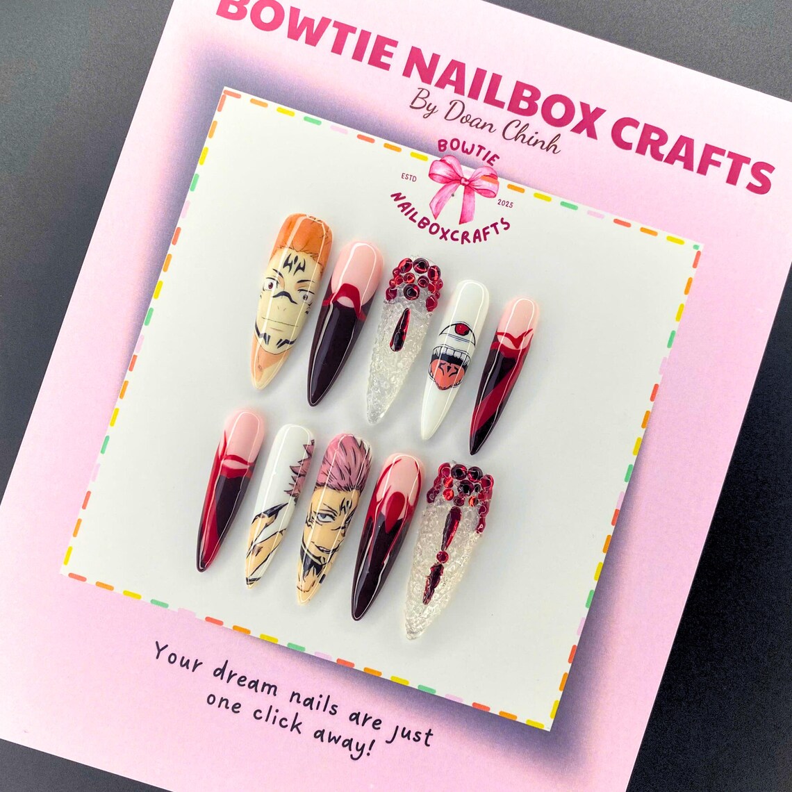 Sukuna-inspired Press on Nails, Jujut.su Kai.sen, Handmade Anime Nails ...