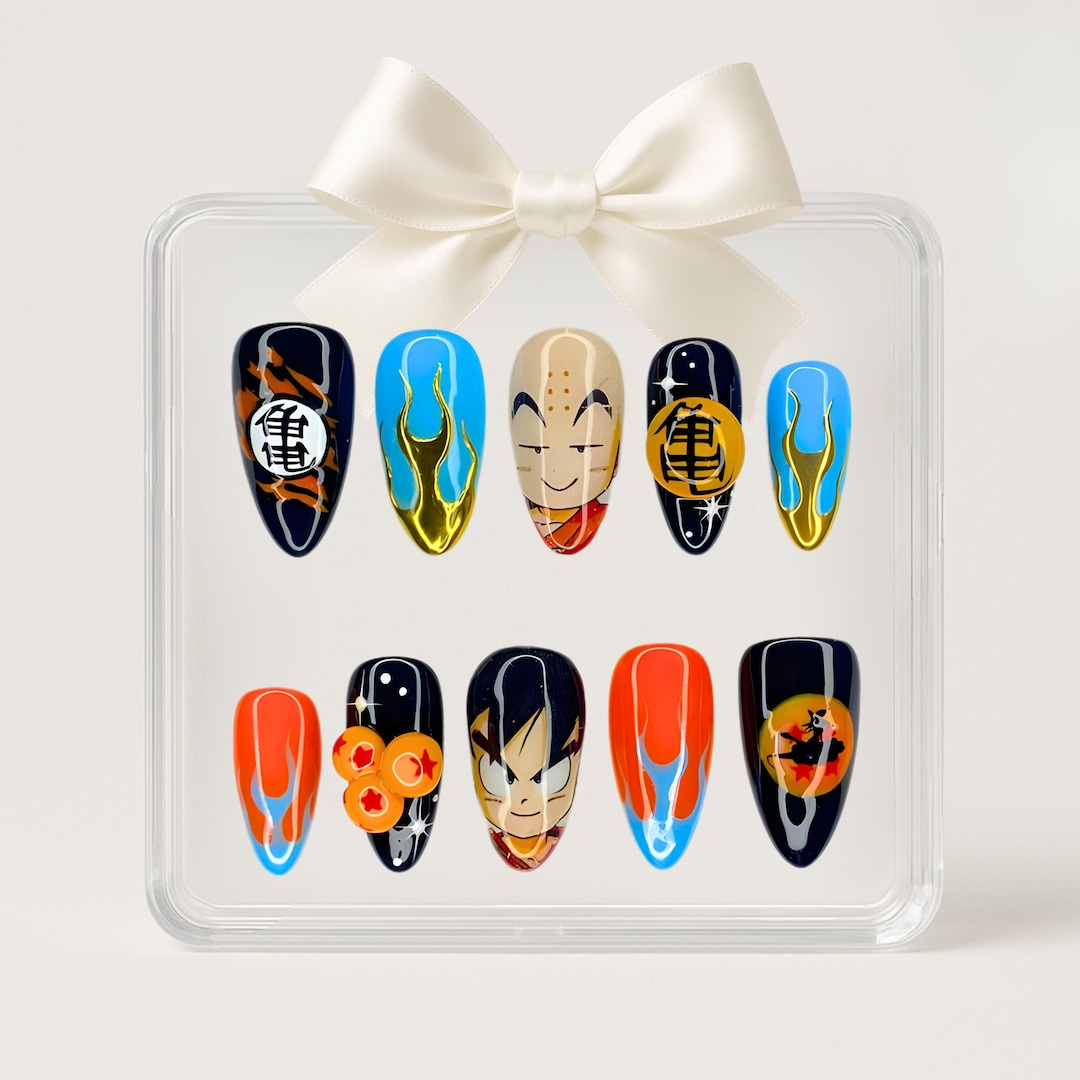 Drageon Star Orb Fake Nails | Orange Black Martial Fantasy Nail Art ...