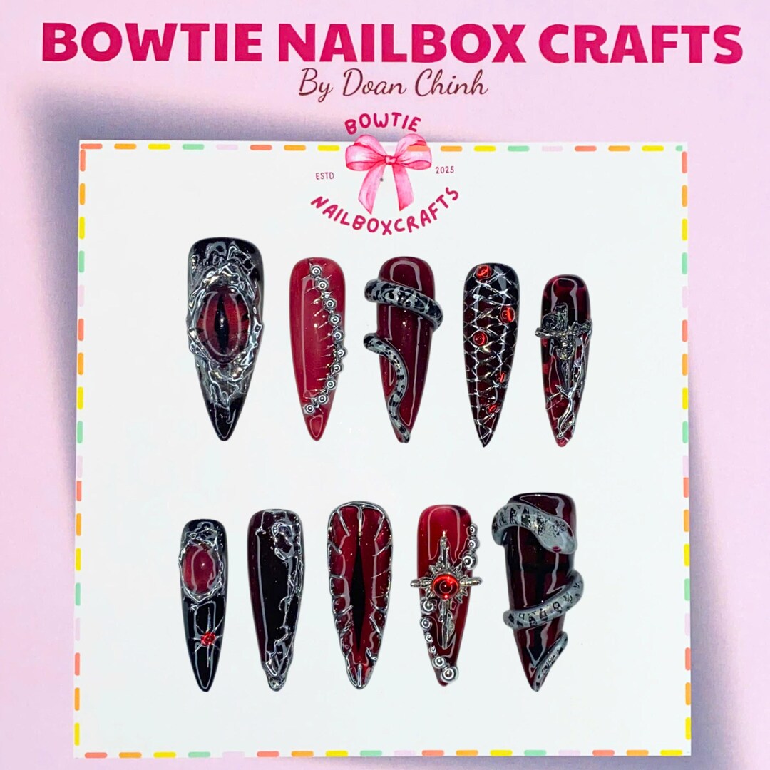 Devil Eye Nail, Stone Charm Press on Nail, Silver Snake and Pink Gem ...