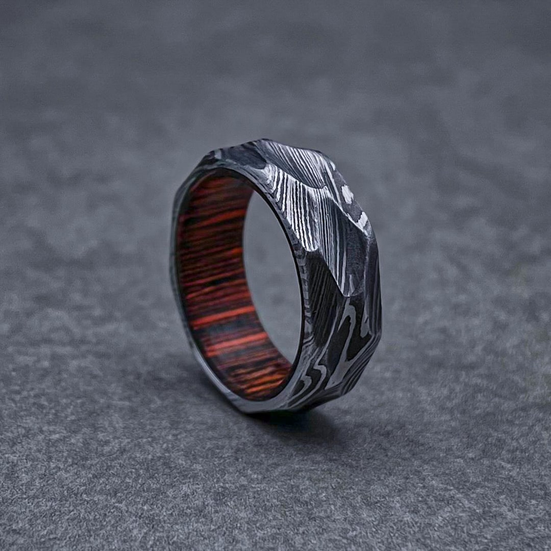 Viking Damascus Ring, Rock Hammered Band, Mens Wedding Band, Red Wood ...