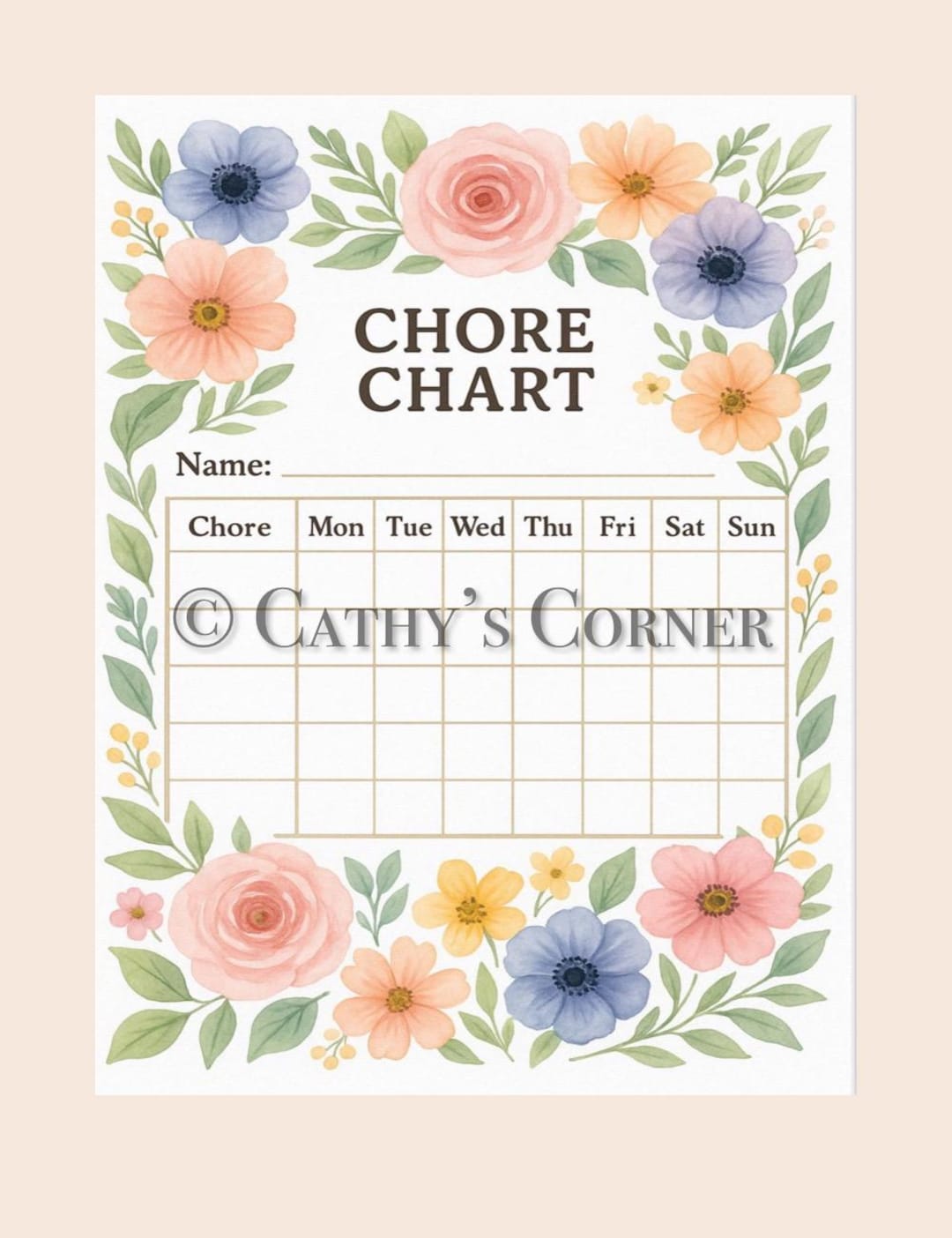 Floral Watercolor Chore Chart for Kids – Printable Weekly Task Tracker ...