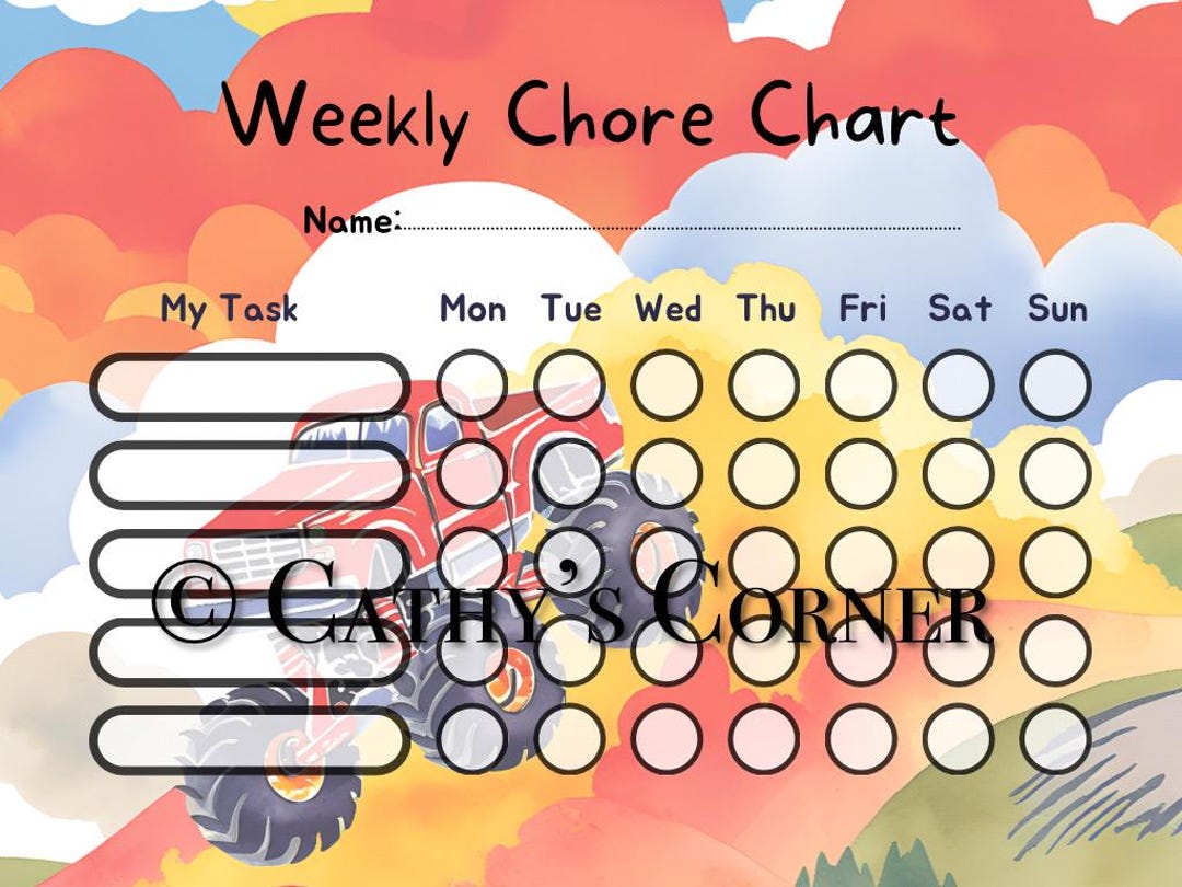 Monster Truck Chore Chart for Kids – Printable Weekly Responsibility ...