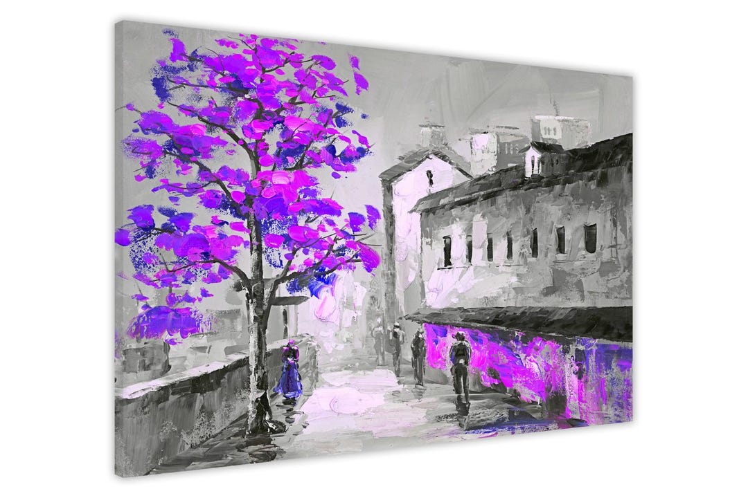 Black and White Town Purple Tree Canvas Wall Art Picture & Poster for ...