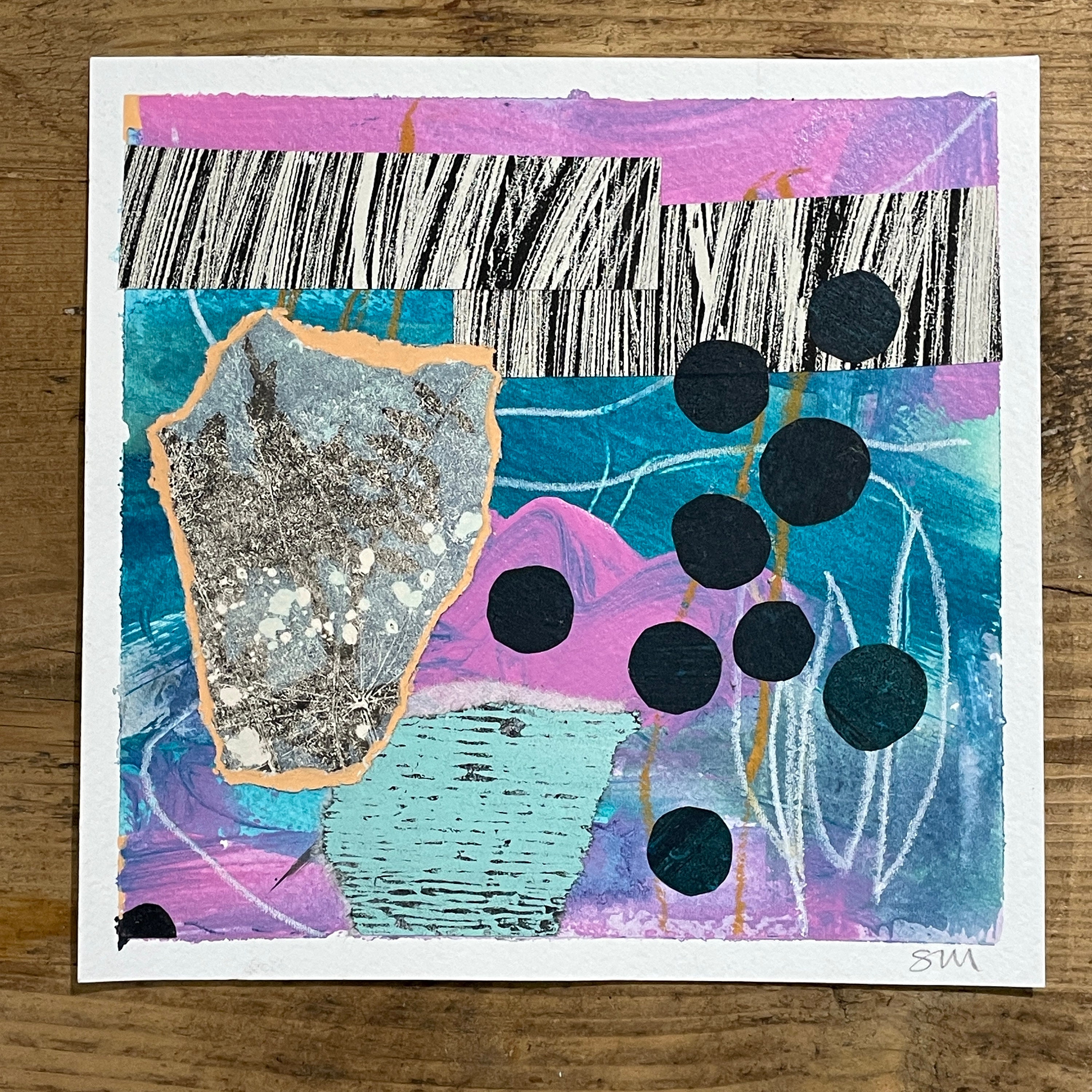 Original Painting With Nature Print Collage. Small Square Artwork ...