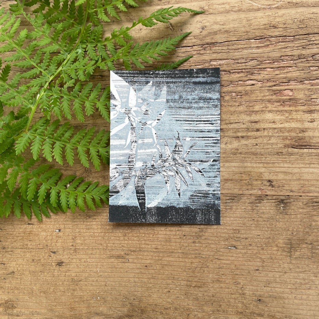 Original Handmade Botanical Monotype Mini Print. ACEO Stitchwort Leaf ...