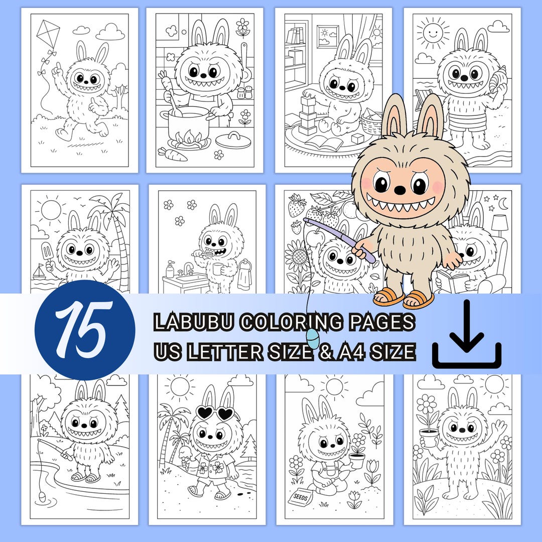 Labubu Coloring Pages Digital Download – 15 Art Therapy Sheets for Kids ...