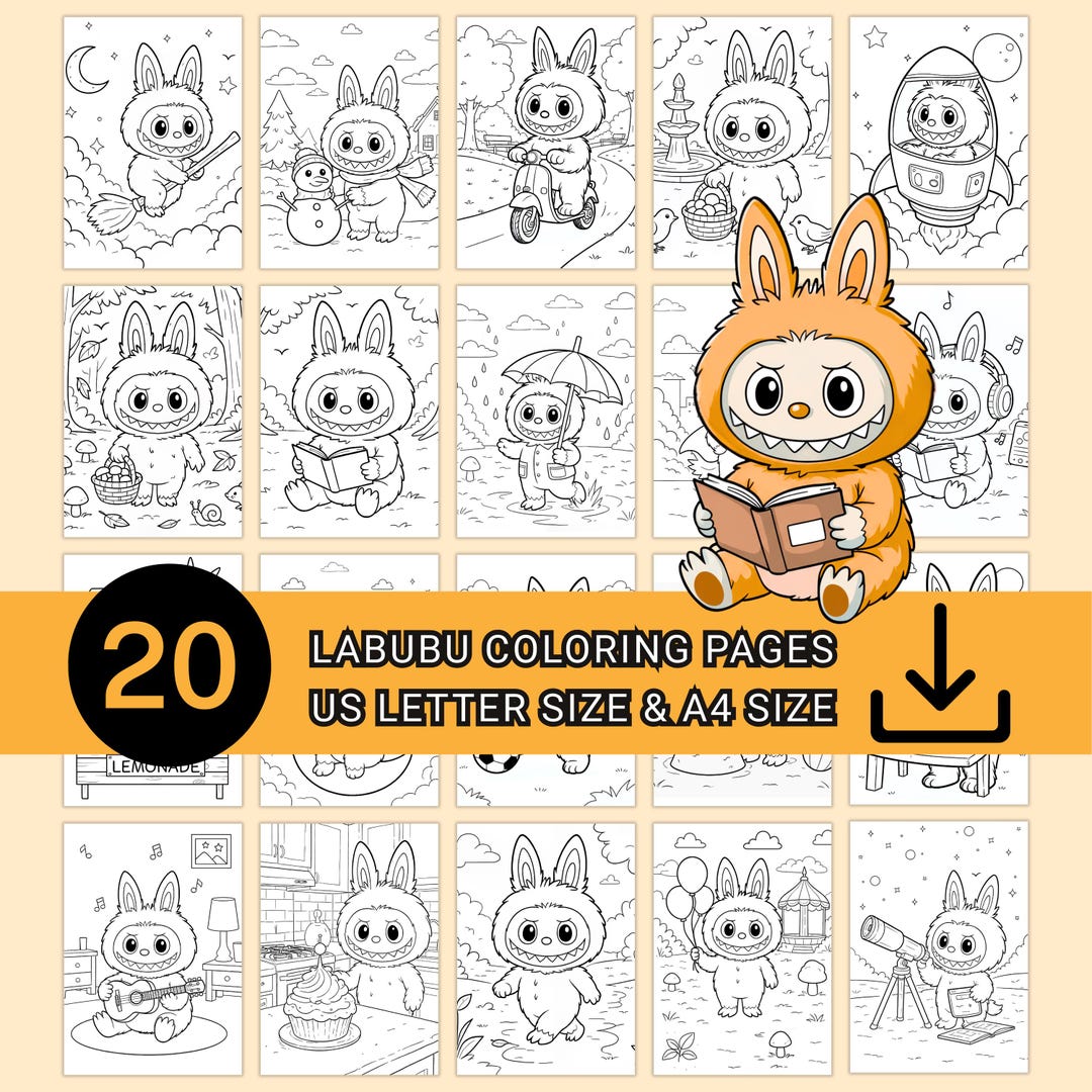 Labubu Coloring Pages Digital Download, 20 Fun Printable Art Therapy ...