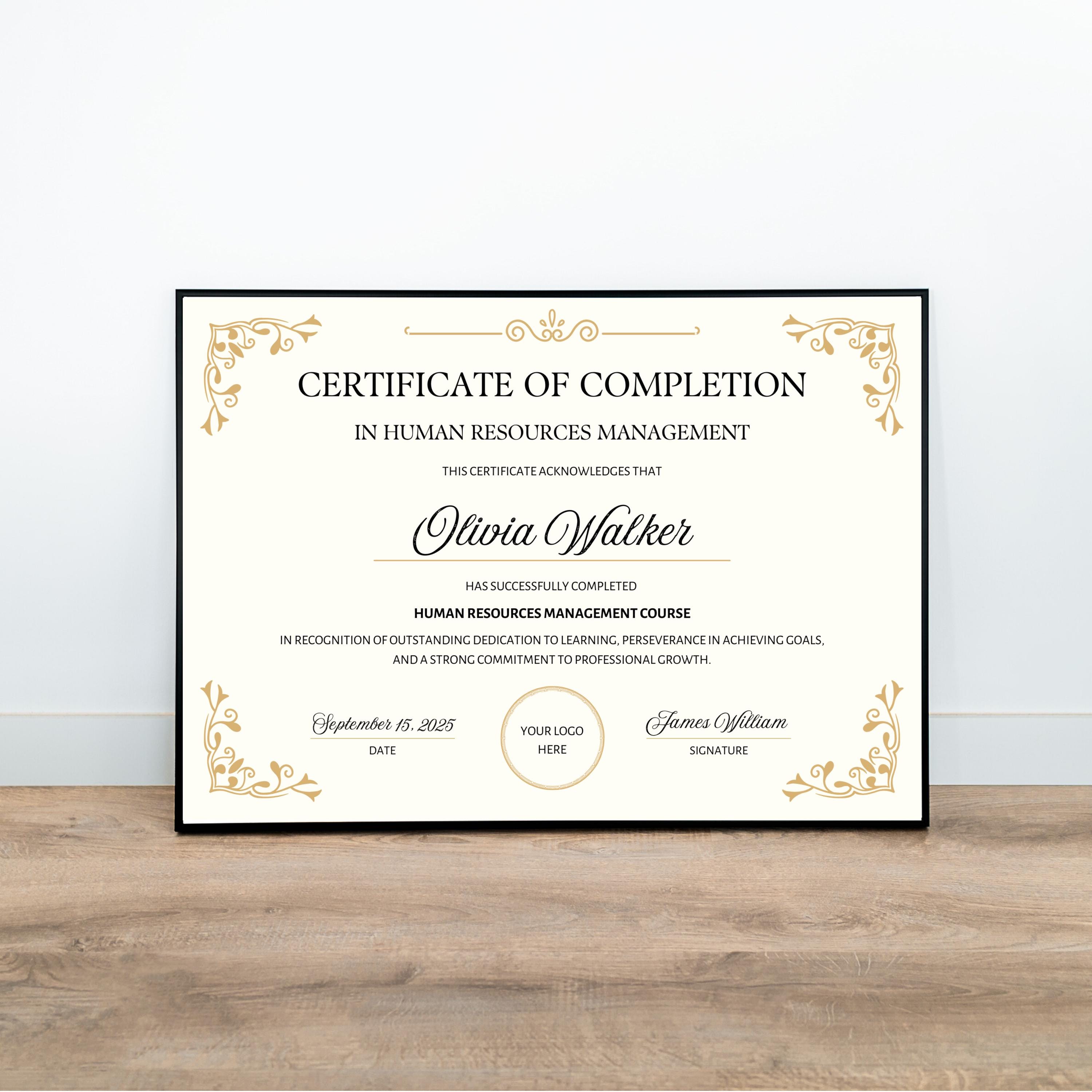 HR Certificate of Completion Template | Editable Canva Human Resources ...