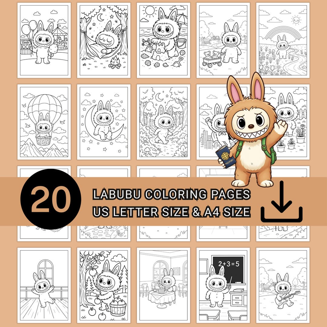 Labubu Coloring Pages Digital Download, 20 Fun Printable Art Therapy ...