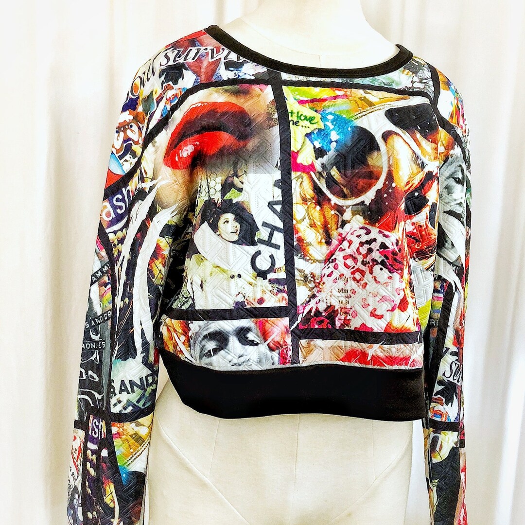 80s Hip Hop Crop Top, Fashion Photo Collage Print, Long Sleeve Boxy ...