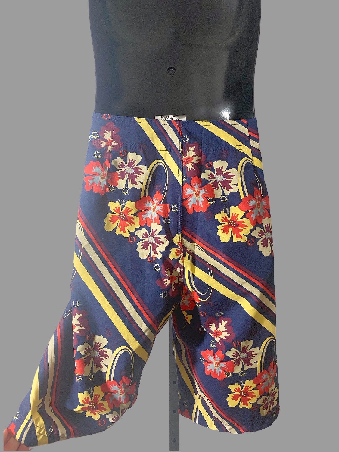 80s Mens Long Beach Short Geo Stripe Floral Vintage Surf Swimwear Size ...