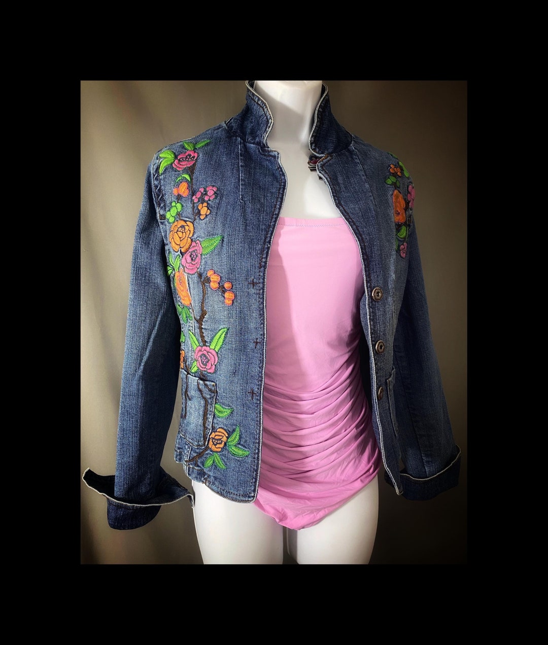 Floral Embroidered Denim Jacket, Pink, Orange, Green on Blue Jean ...