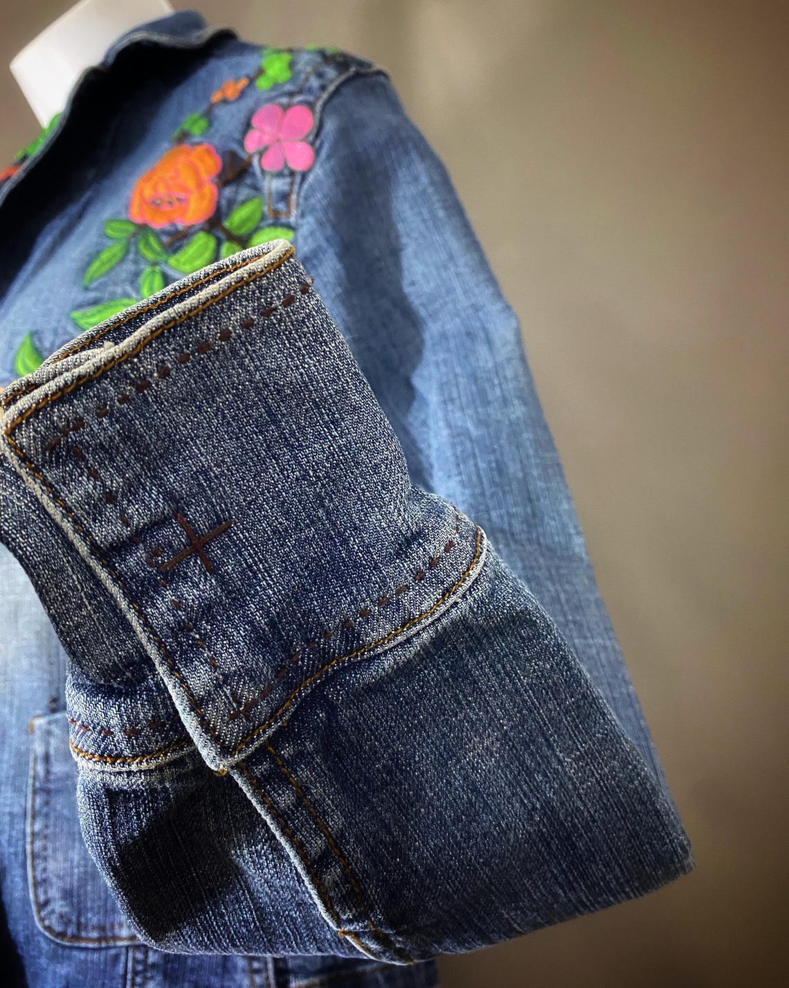 Floral Embroidered Denim Jacket, Pink, Orange, Green on Blue Jean ...