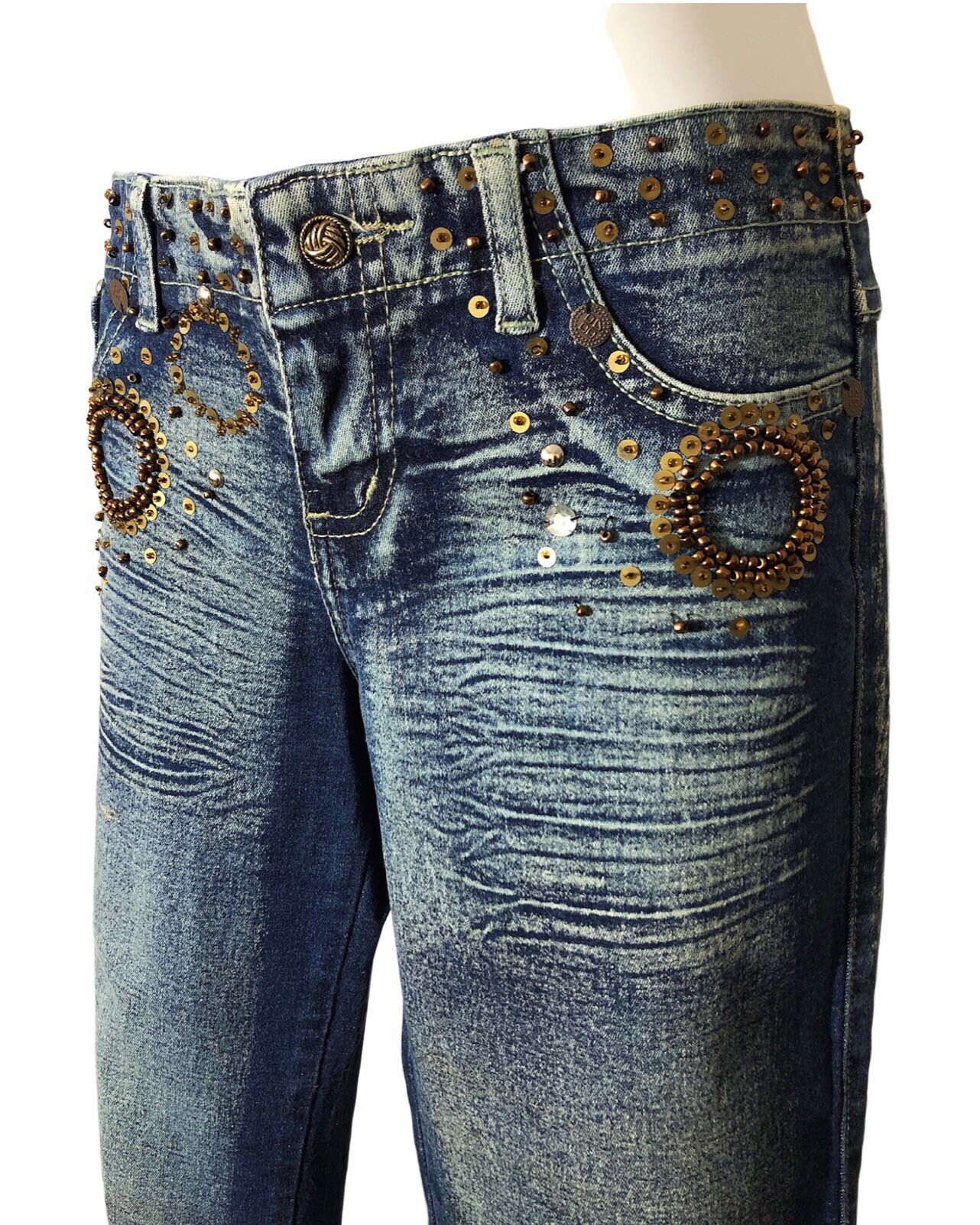 Embellished Denim Low Rider Blue Jeans With Beads, Sequins, Rhinestones ...